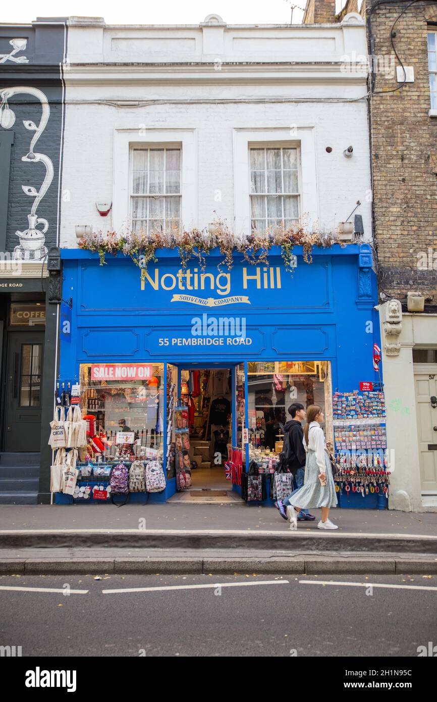 London, UK - February 14, 2020: Front side of blue souvenir store from ...