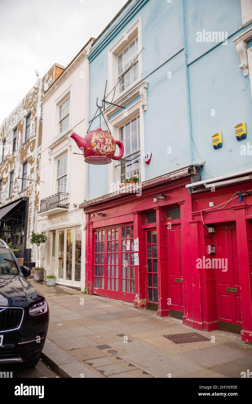 London, UK - February 14, 2020: Red British antique shop with big ...