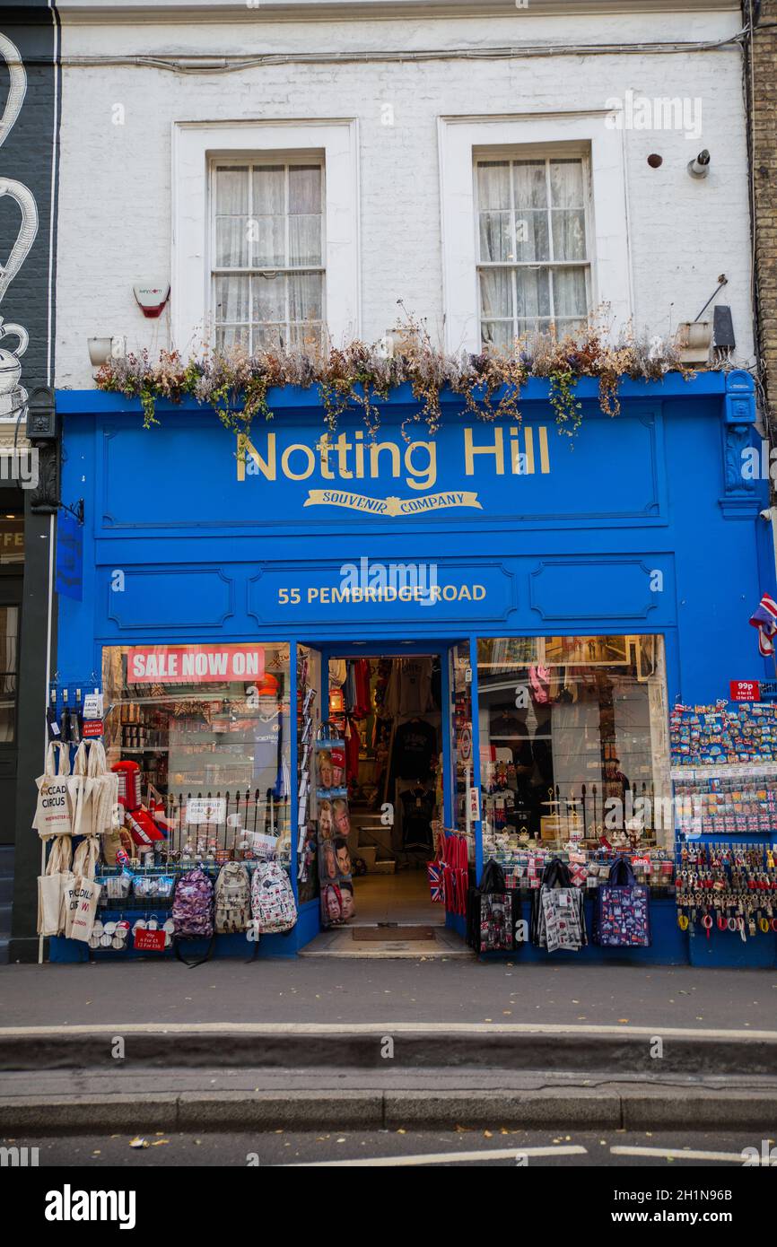 London, UK - February 14, 2020: Front side of blue souvenir store from ...