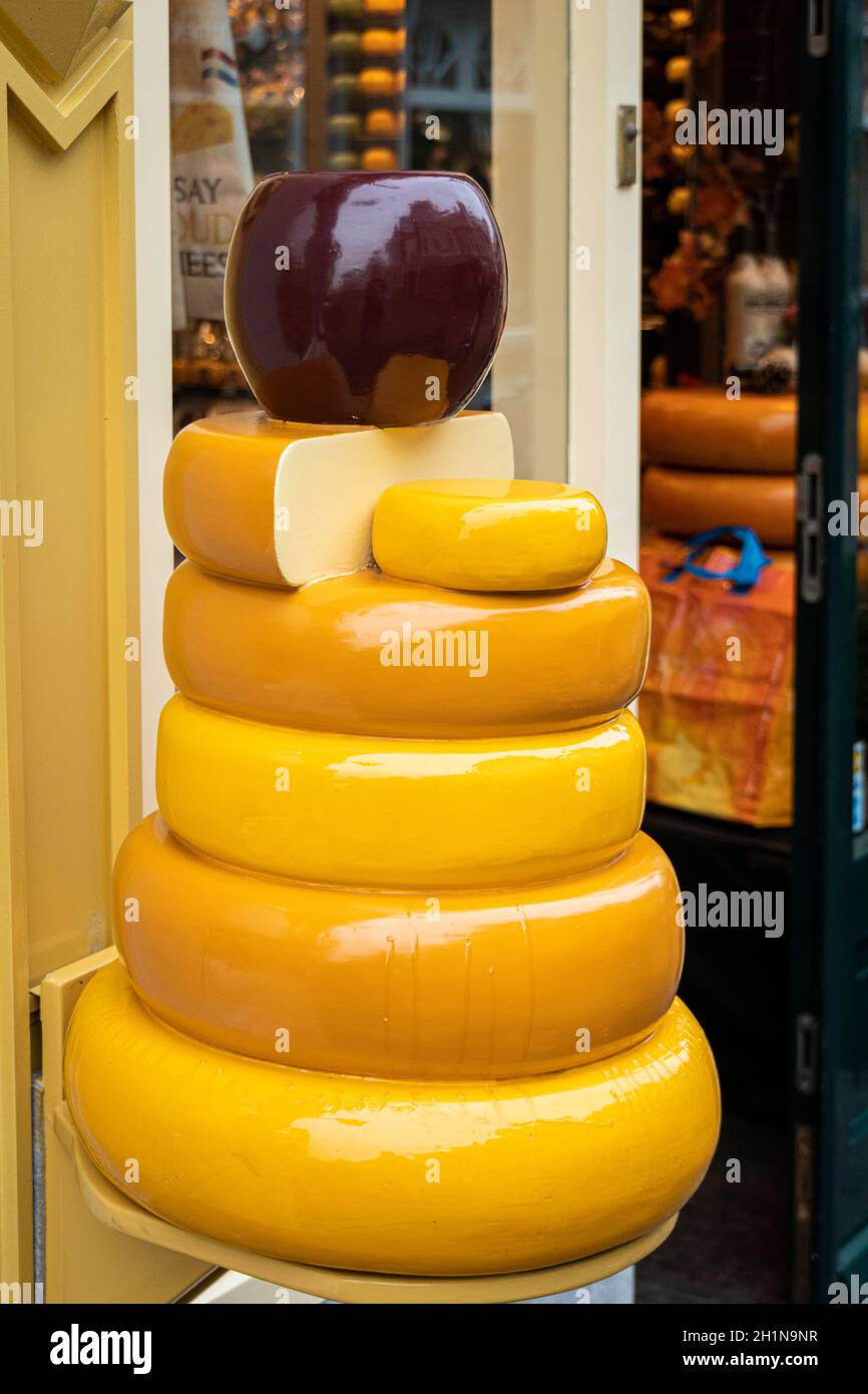 Display of artificial cheese outside a cheese shop in the city of Gouda ...
