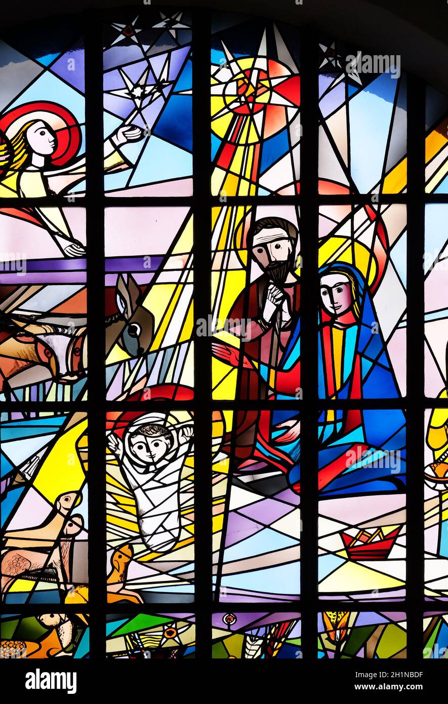 Nativity Scene, stained glass window in the Saint Lawrence church in ...