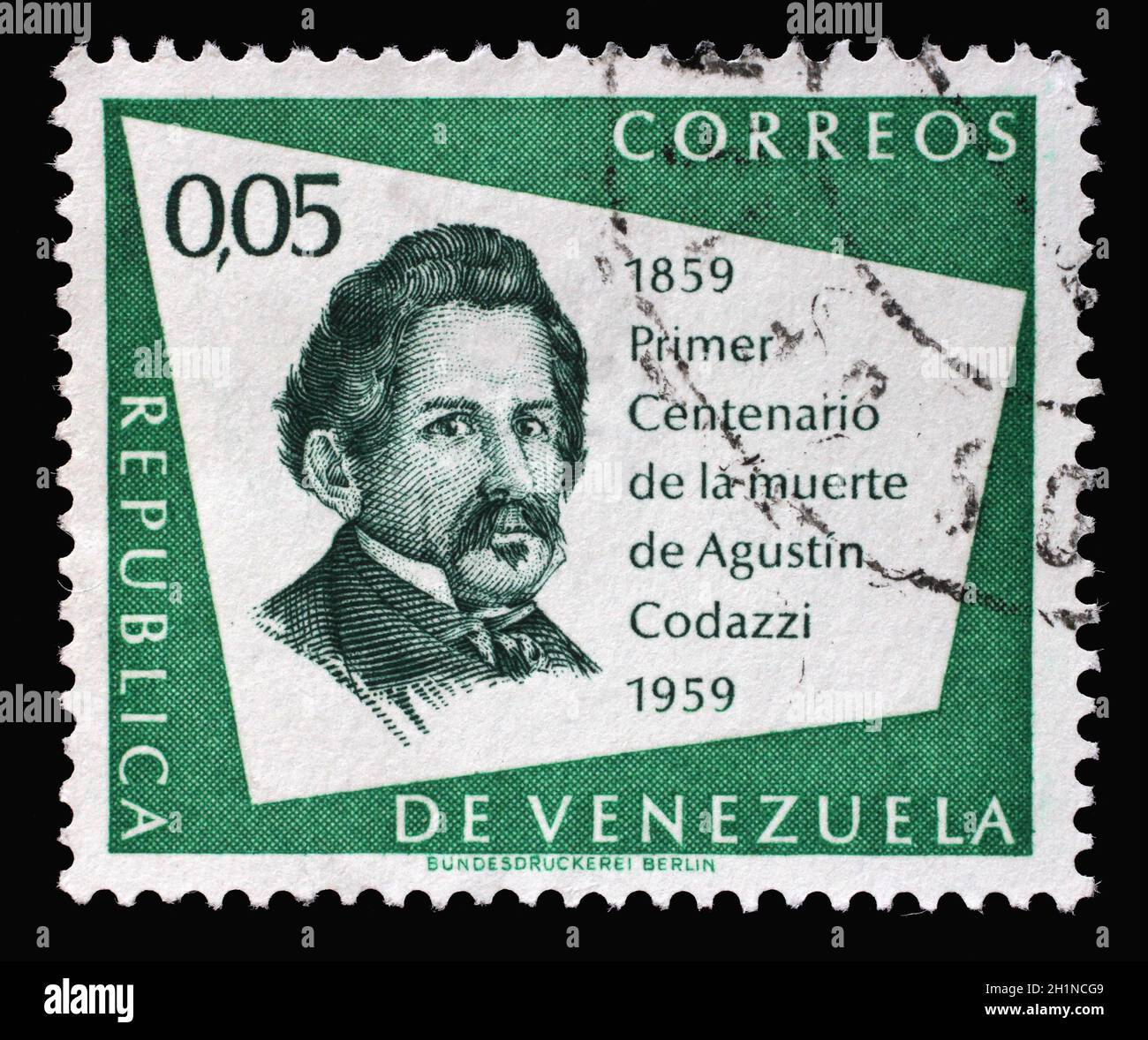 Stamp printed in Venezuela shows Centenary of the death of Agustin ...