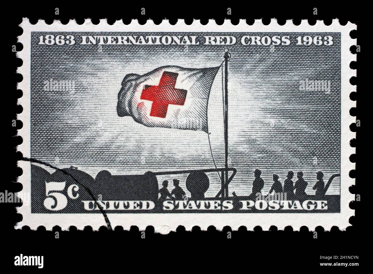Stamp printed in USA, shows Morning Light and Red Cross Flag, with ...