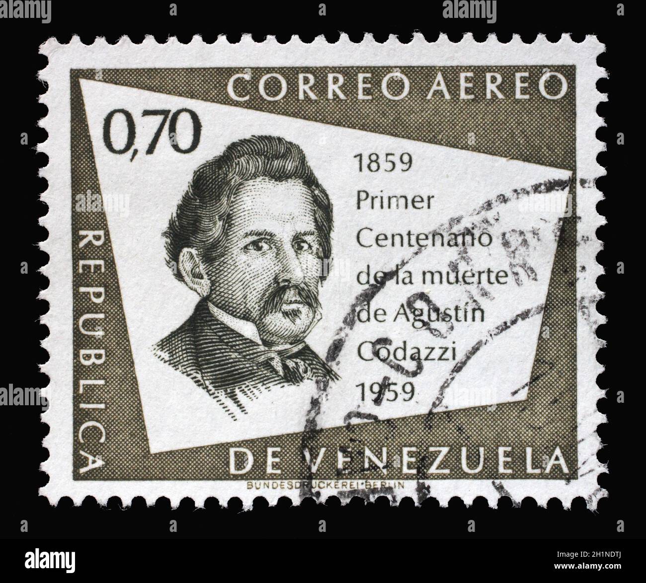 Stamp printed in Venezuela shows Centenary of the death of Agustin ...