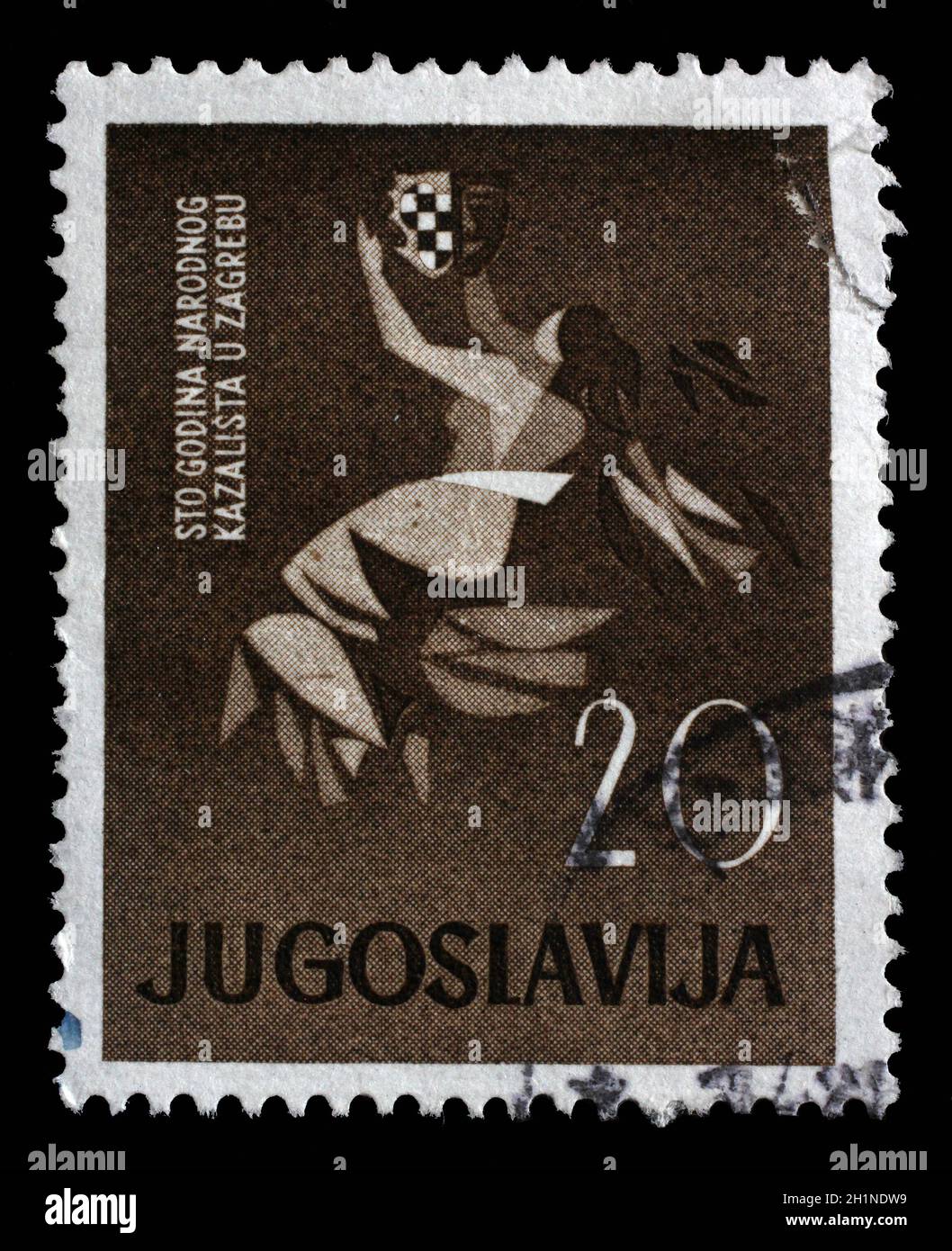 Stamp issued in Yugoslavia shows 100 year Theatre in Zagreb, National ...