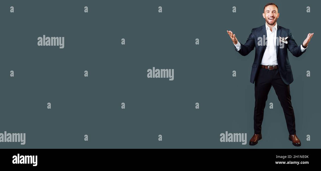 A joyful middle-aged man in a classic jacket with an emotion of delight ...