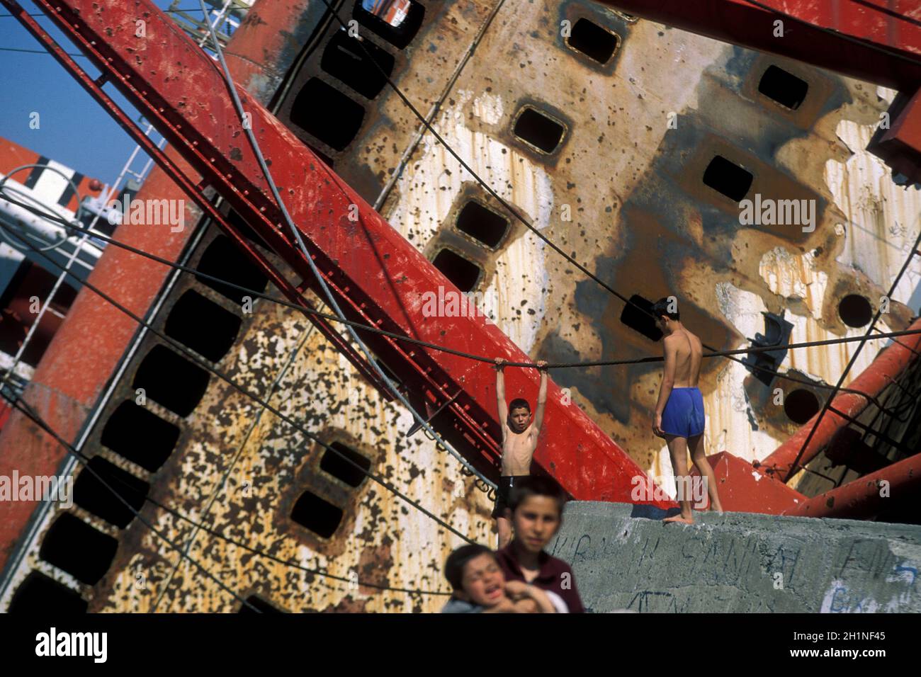 childern play at a Ship wreck in the Bospurus in the old town of the ...