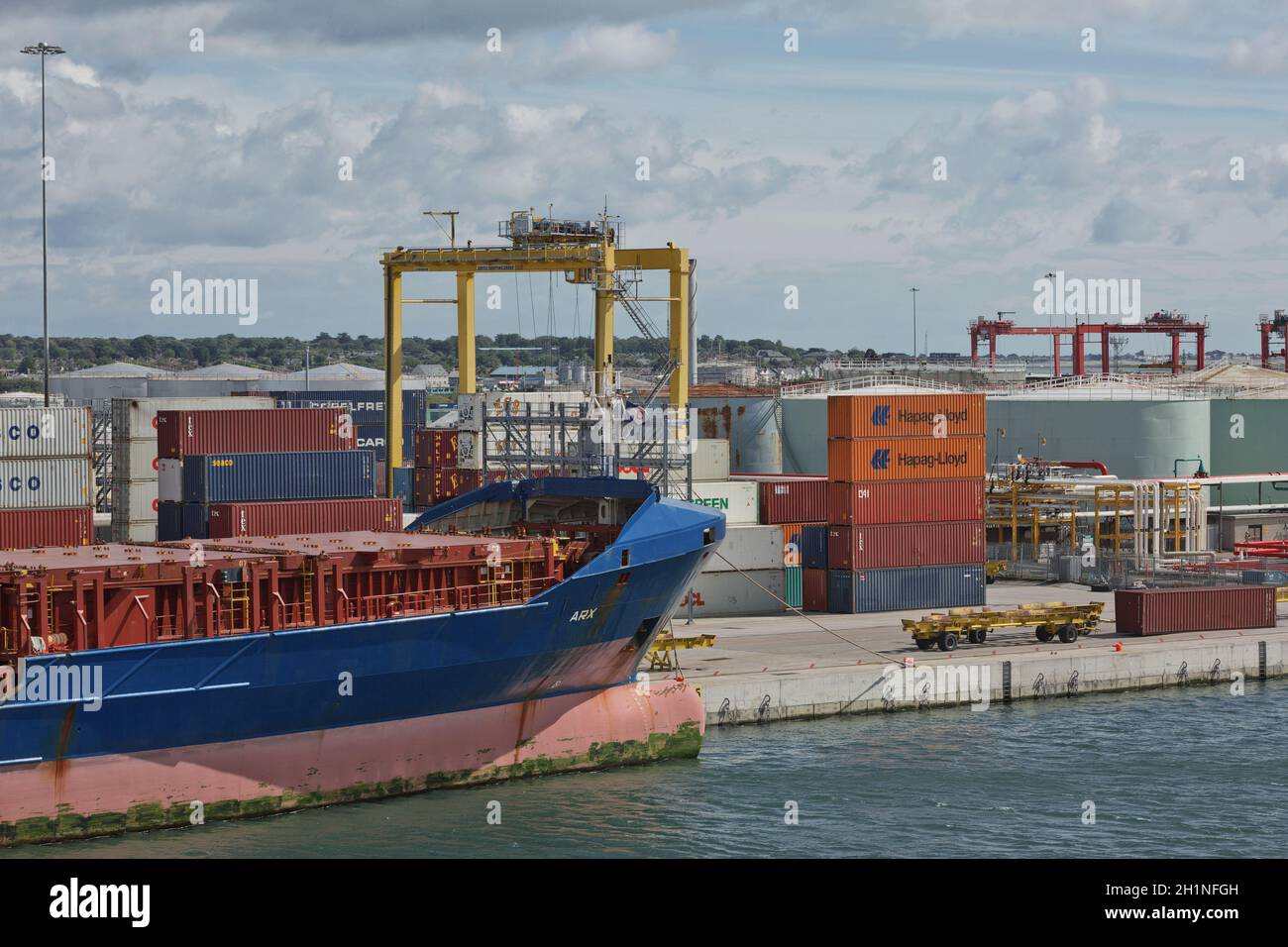 Dublin, Ireland - June 6, 2017: Large industrial cranes loading ...