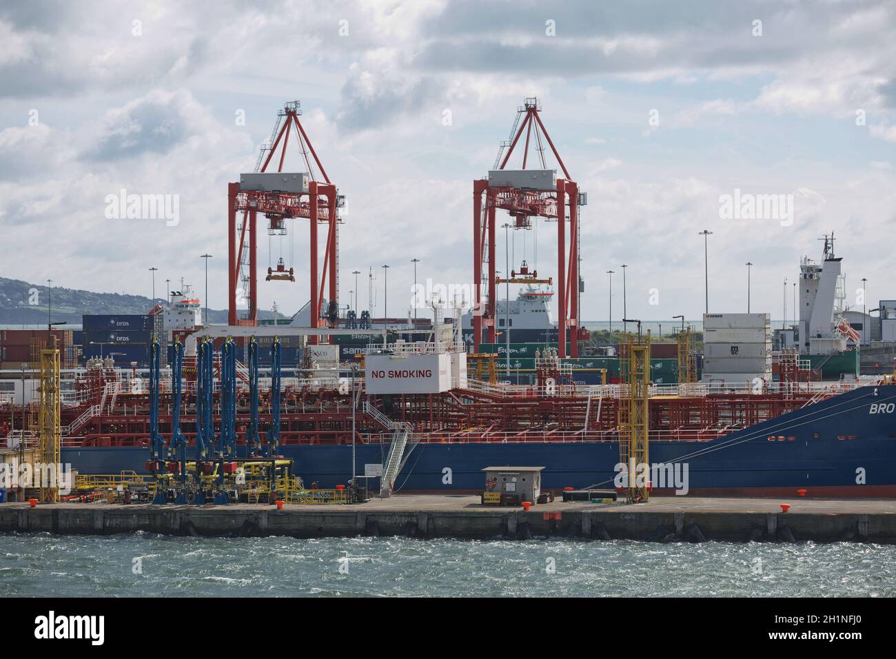 Dublin, Ireland - June 6, 2017: Large industrial cranes loading ...