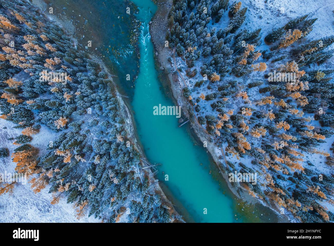 Aerial view of the winter landscape of lake and forest in Kanas, at ...