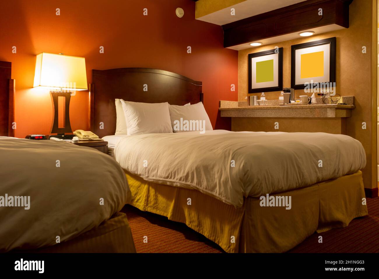 View of a comfortable hotel room with warm and relaxing colors Stock ...