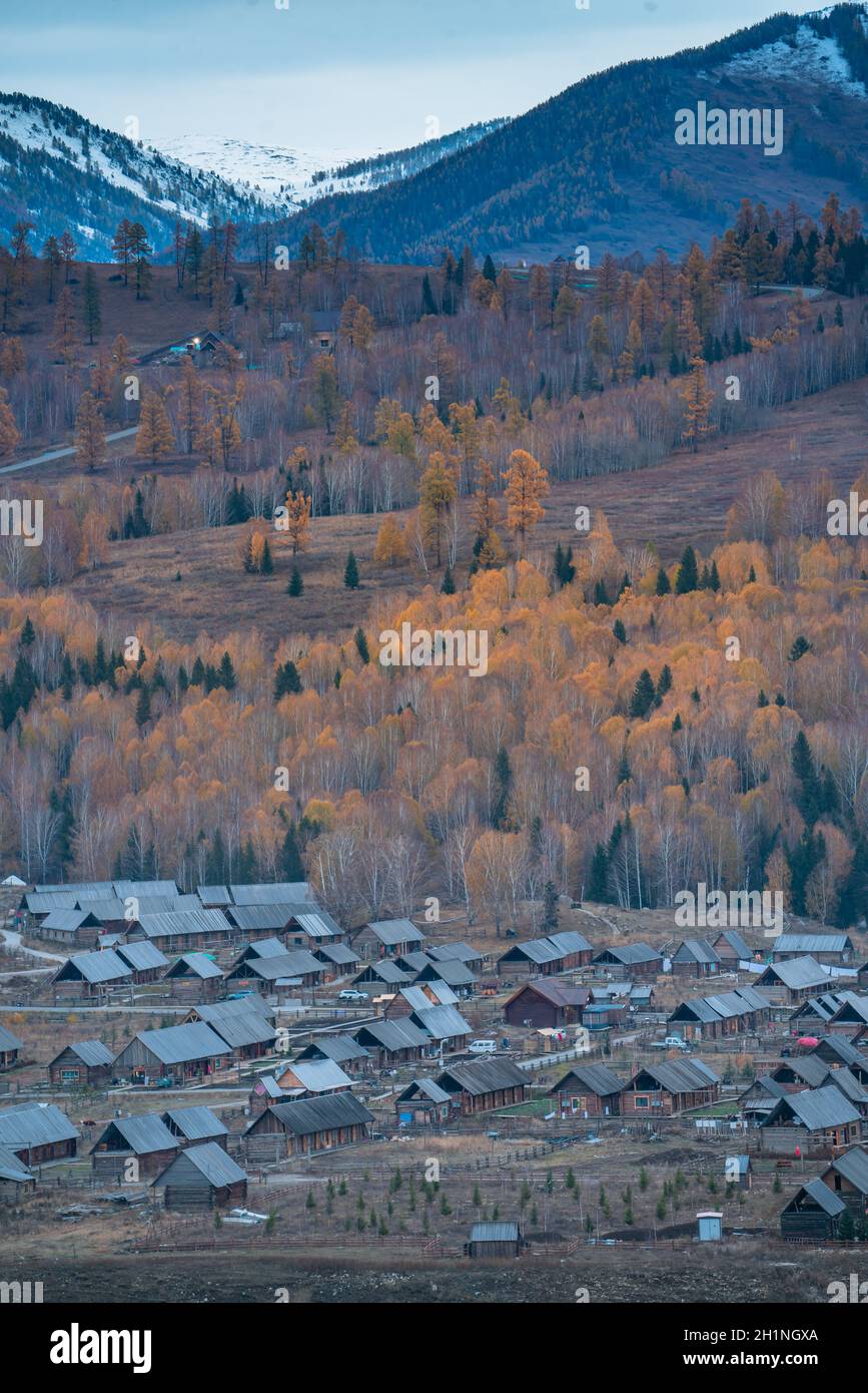 Autumn landscape in Hemu village, a historic village in Xinjiang ...