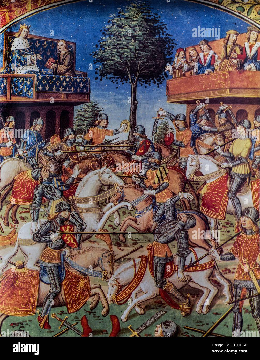 Charles VIII of France attends to tournament. 15th Century miniature of ...