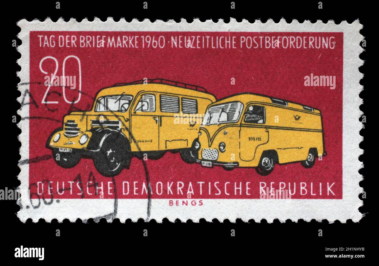 Stamp issued in Germany - Democratic Republic (DDR) shows Post vehicles ...
