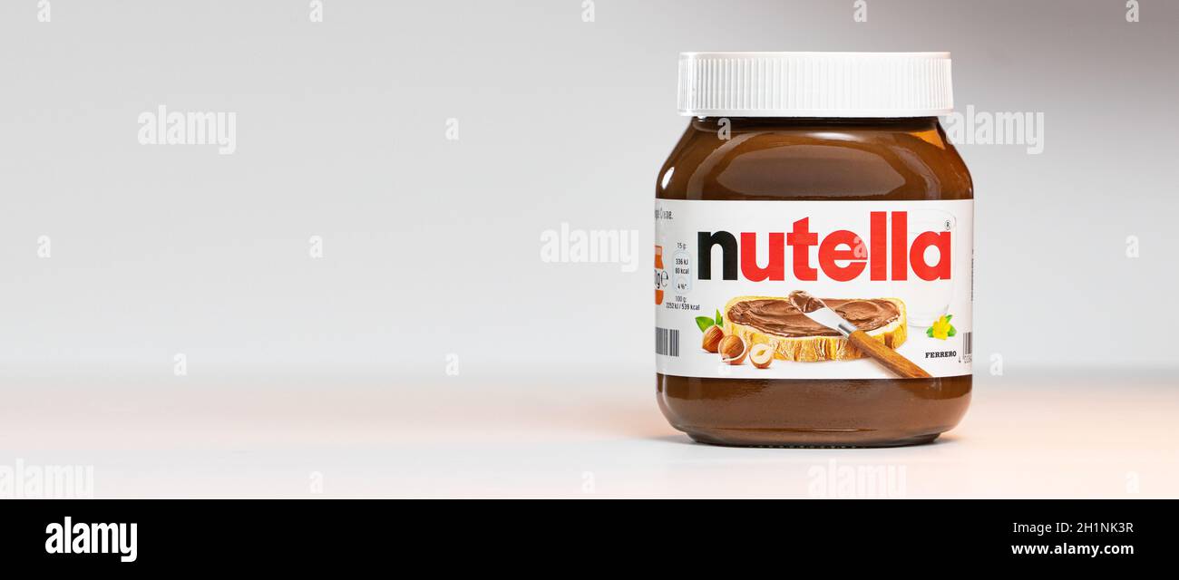 AACHEN, GERMANY - JAN 07, 2021: Pot of Nutella, the popular brand name ...