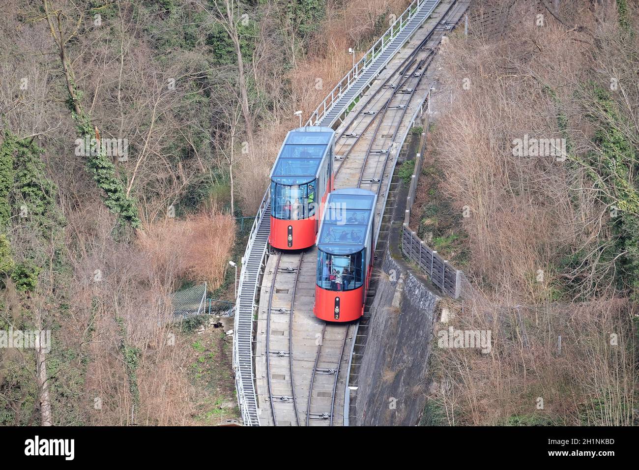Modern funicular climbing to Schlossberg and Graz city panoramic view ...