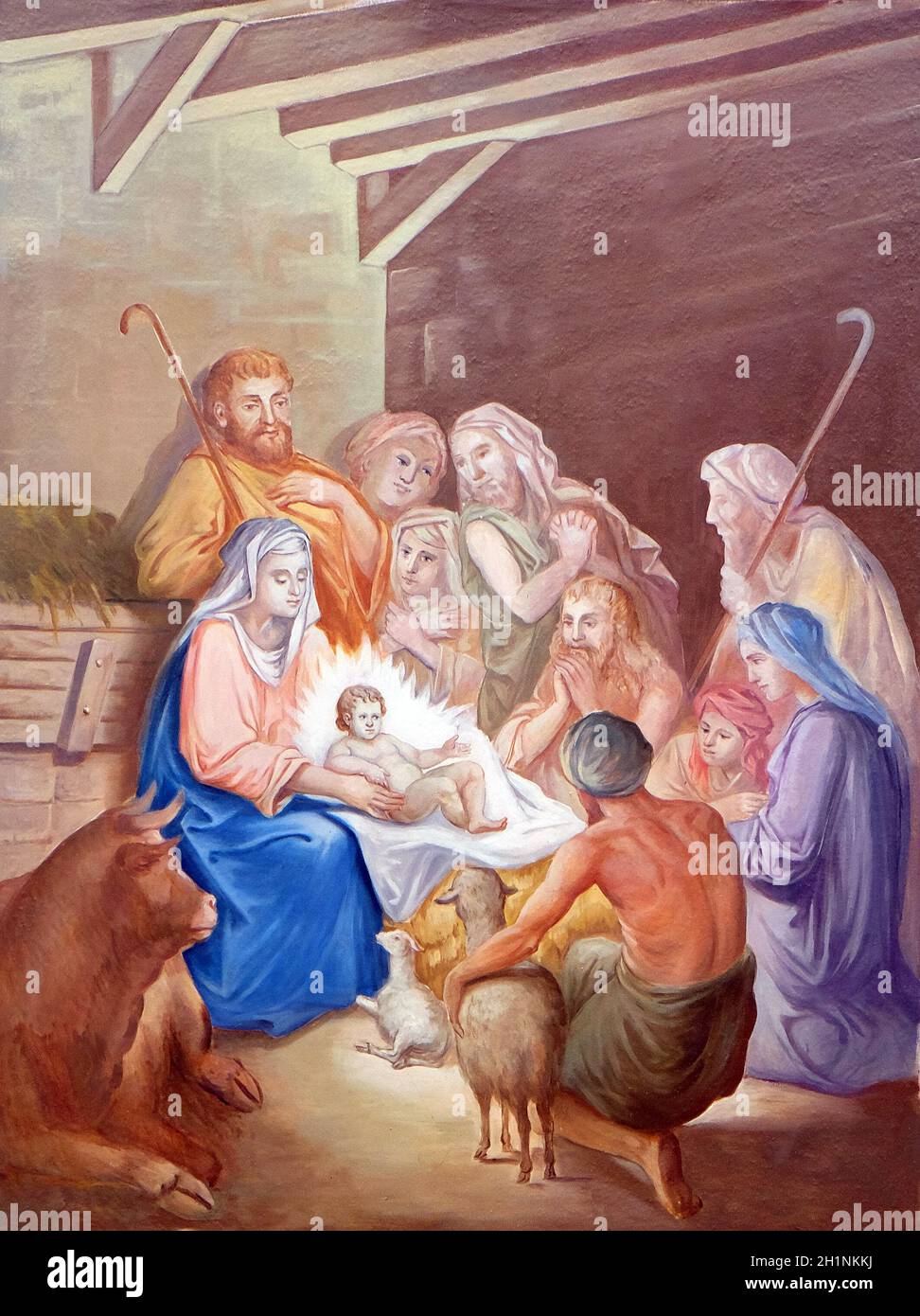 Nativity Scene, Adoration of the Shepherds fresco in parish church of ...