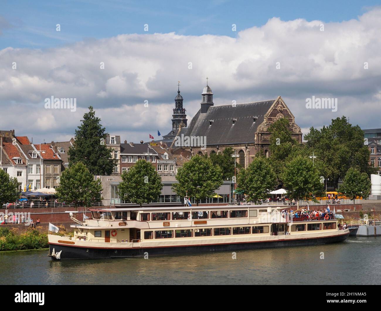Excursion Boat on the River Maas and Augustijnenkerk - Maastricht Stock ...