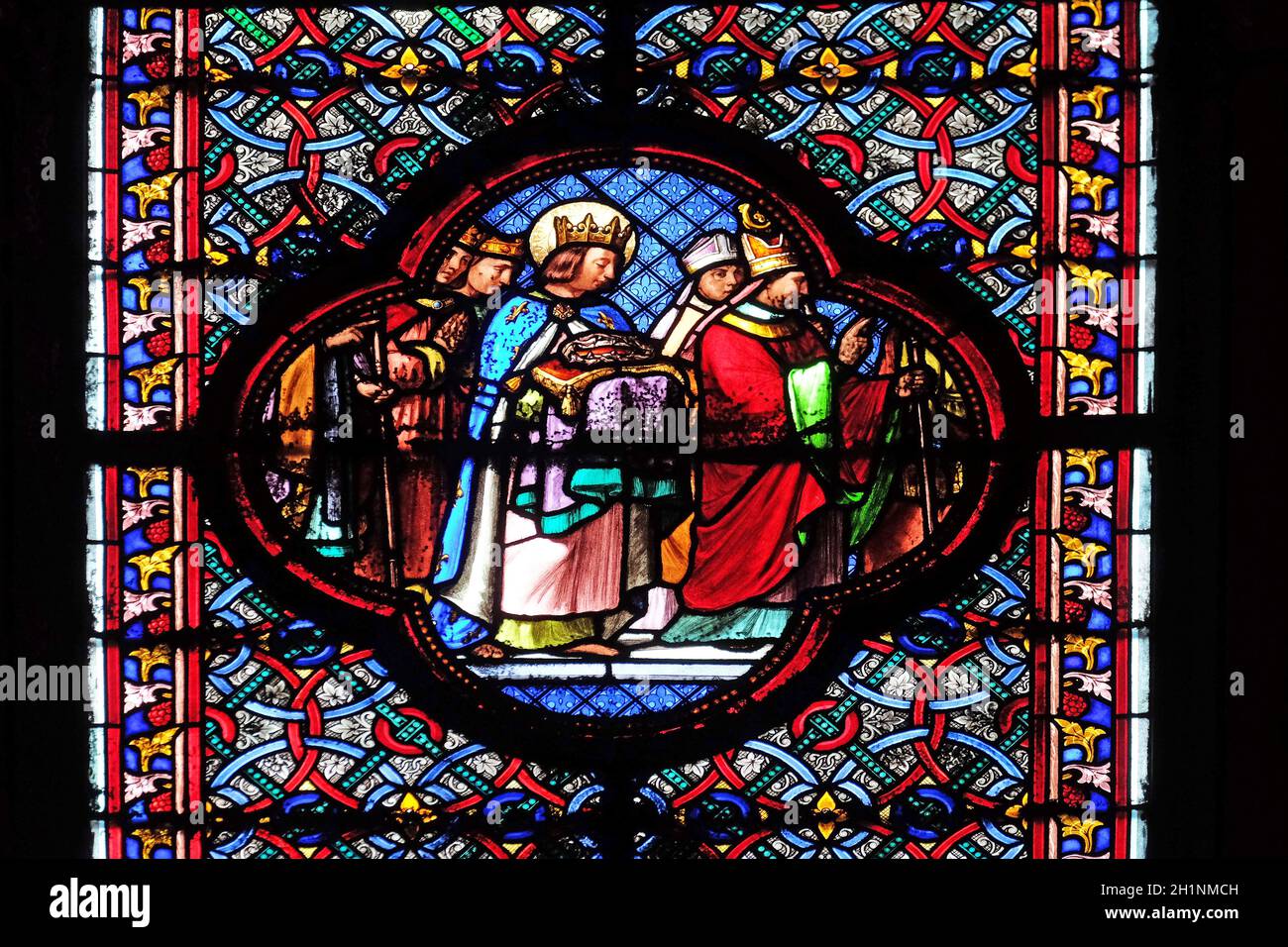 Saint Louis bringing the Crown of Thorns, stained glass window in the ...
