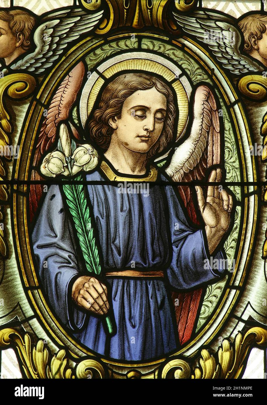 Angel stained glass window in the parish church of the Holy Cross in ...