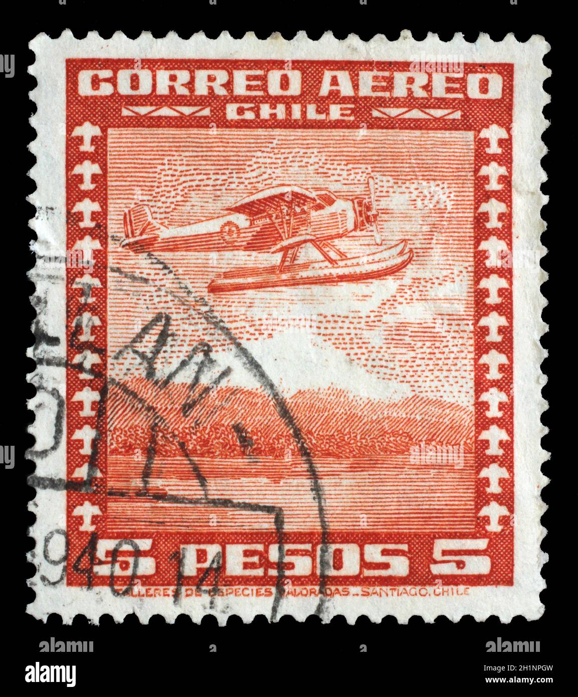 Stamp printed in Chile shows Stinson Faucett F.19 seaplane in flight ...