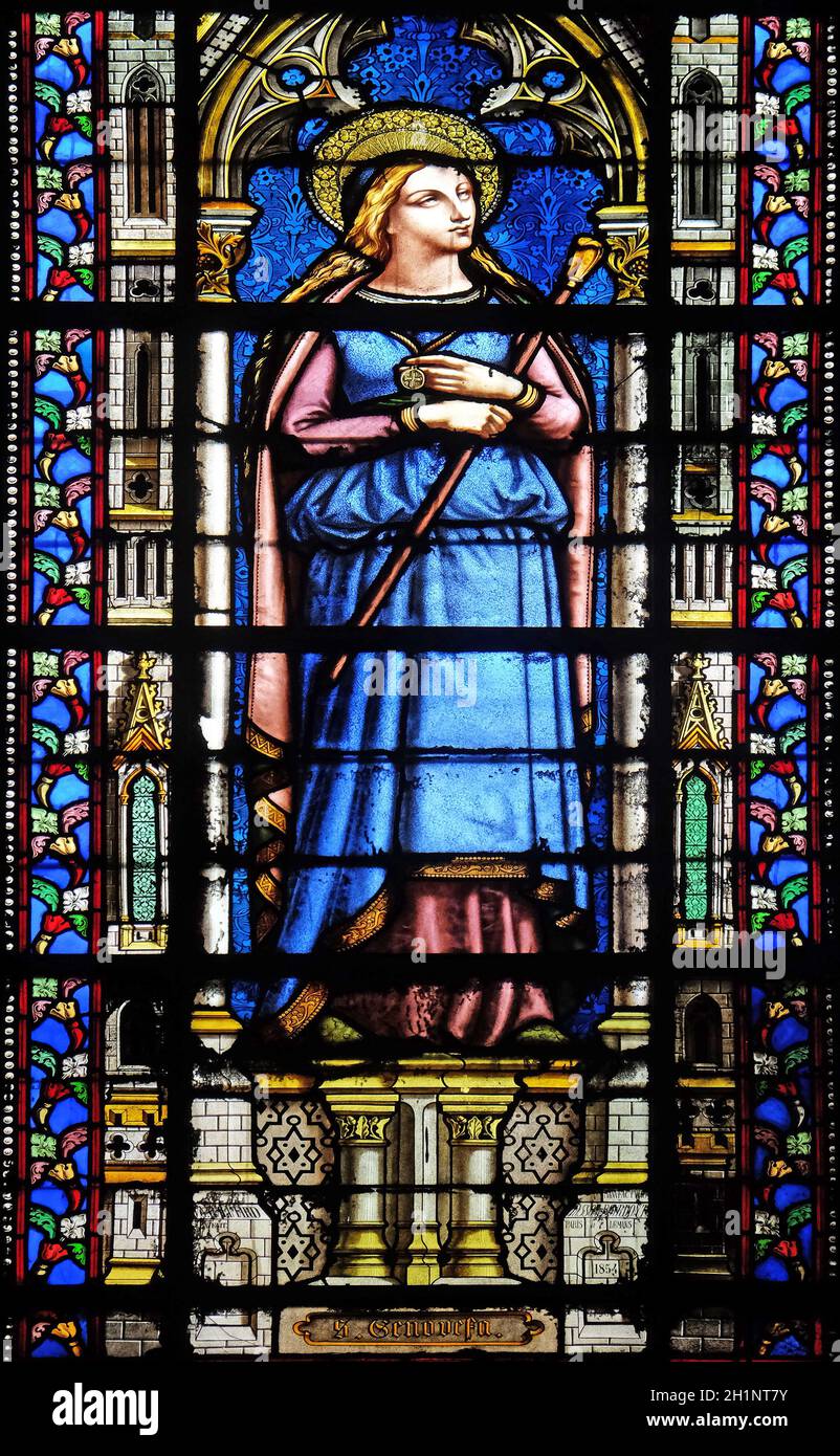 Saint Genevieve, stained glass window in the Basilica of Saint Clotilde ...
