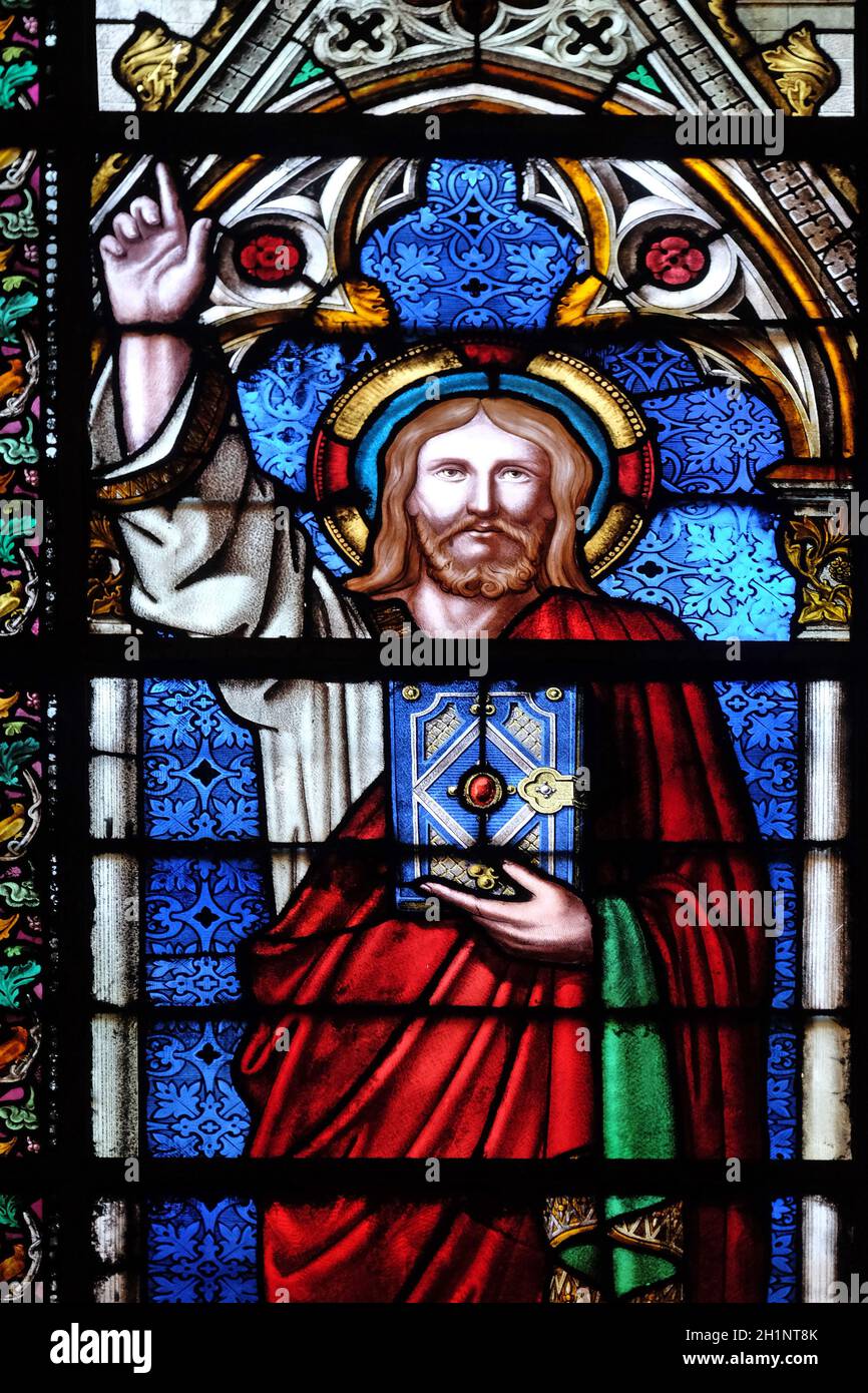 Christ blessing, stained glass window in the Basilica of Saint Clotilde ...