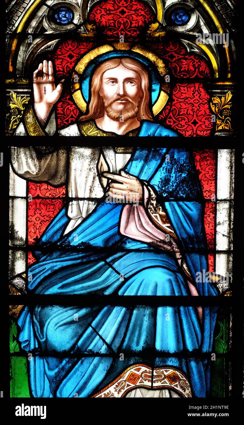 Christ blessing, stained glass window in the Basilica of Saint Clotilde ...