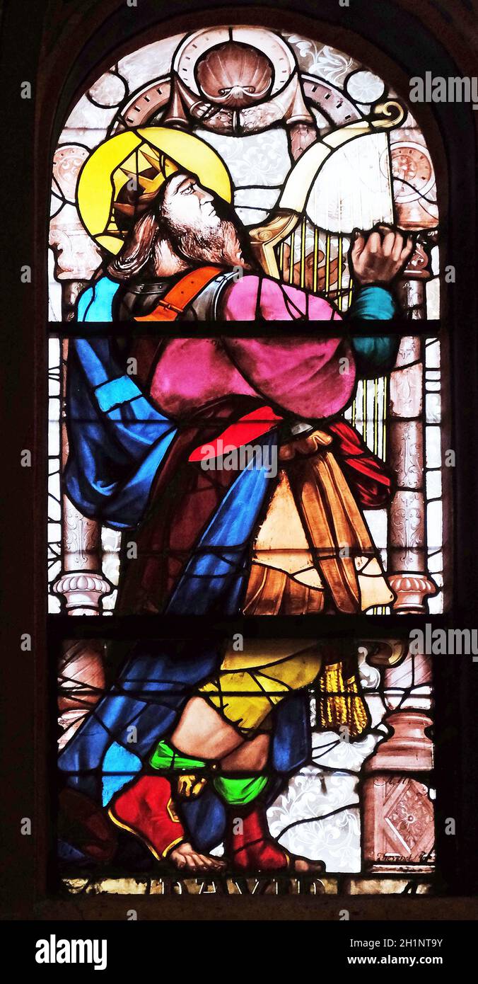 King David, stained glass window in Saint-Eustache church in Paris ...