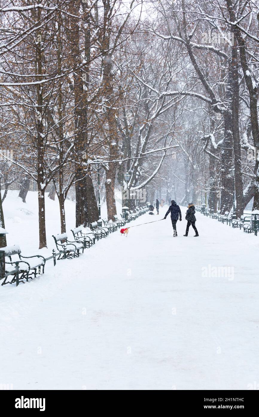 Krakow, Poland - January 17, 2021: Snowy winter in Krakow, Planty Park ...