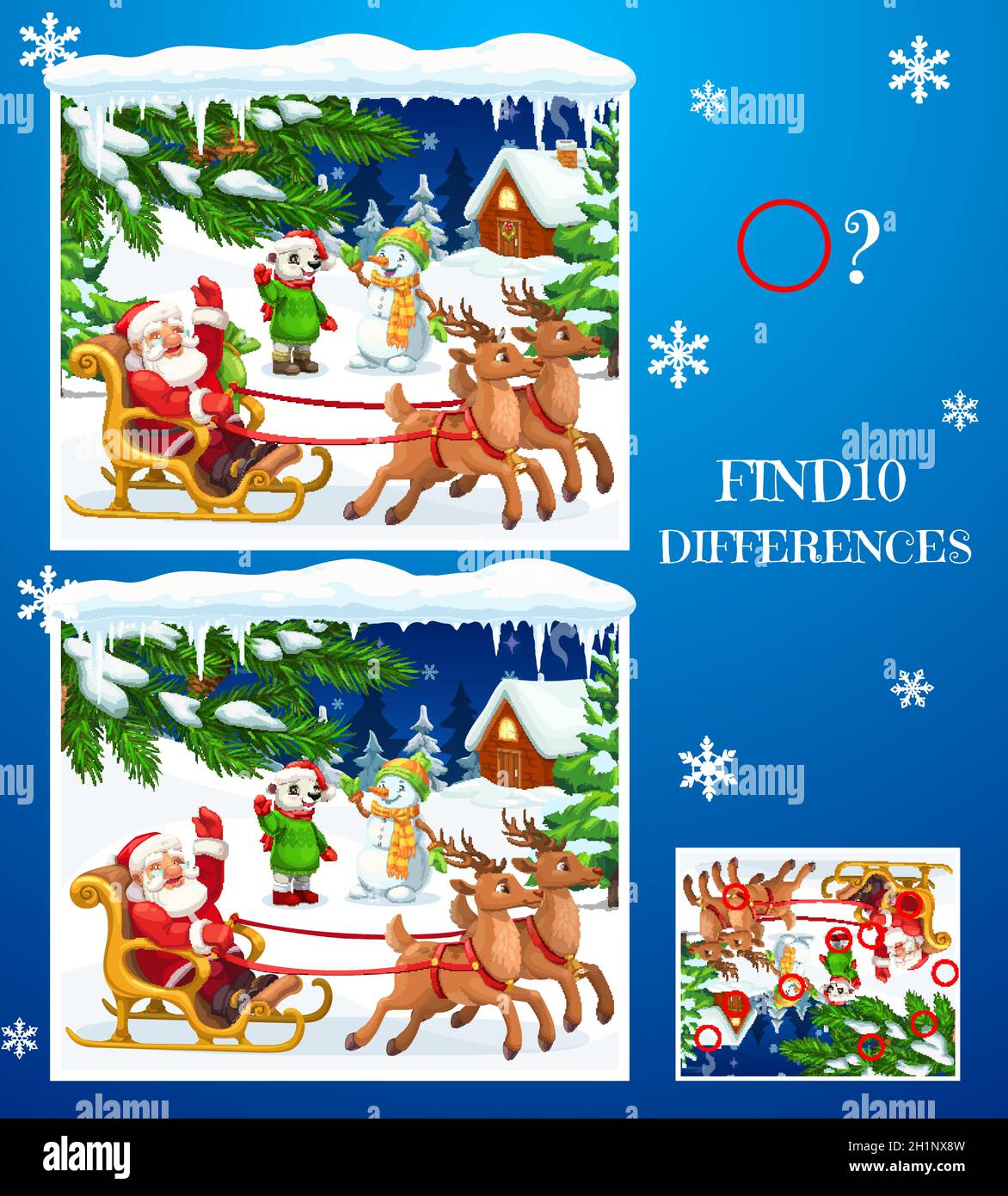 Child find differences maze with Christmas characters. Santa riding ...