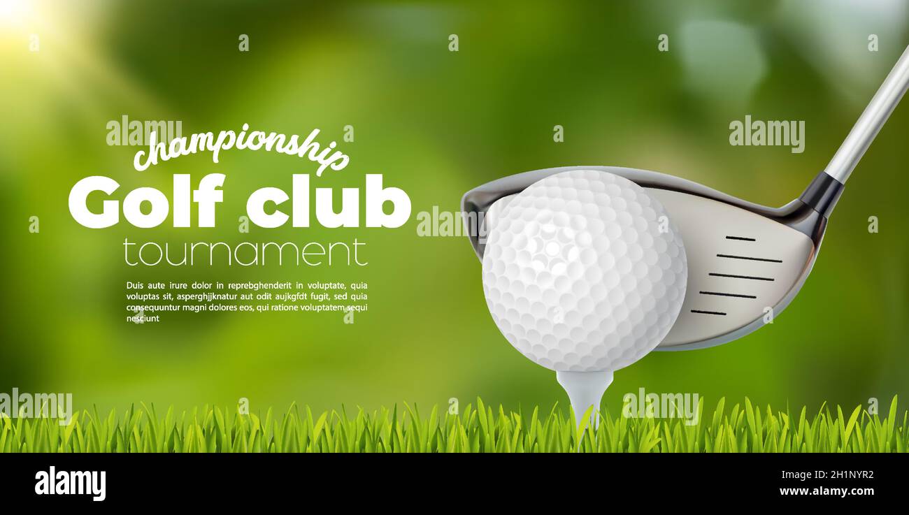 Golf club and ball tee on grass field, vector sport tournament poster ...
