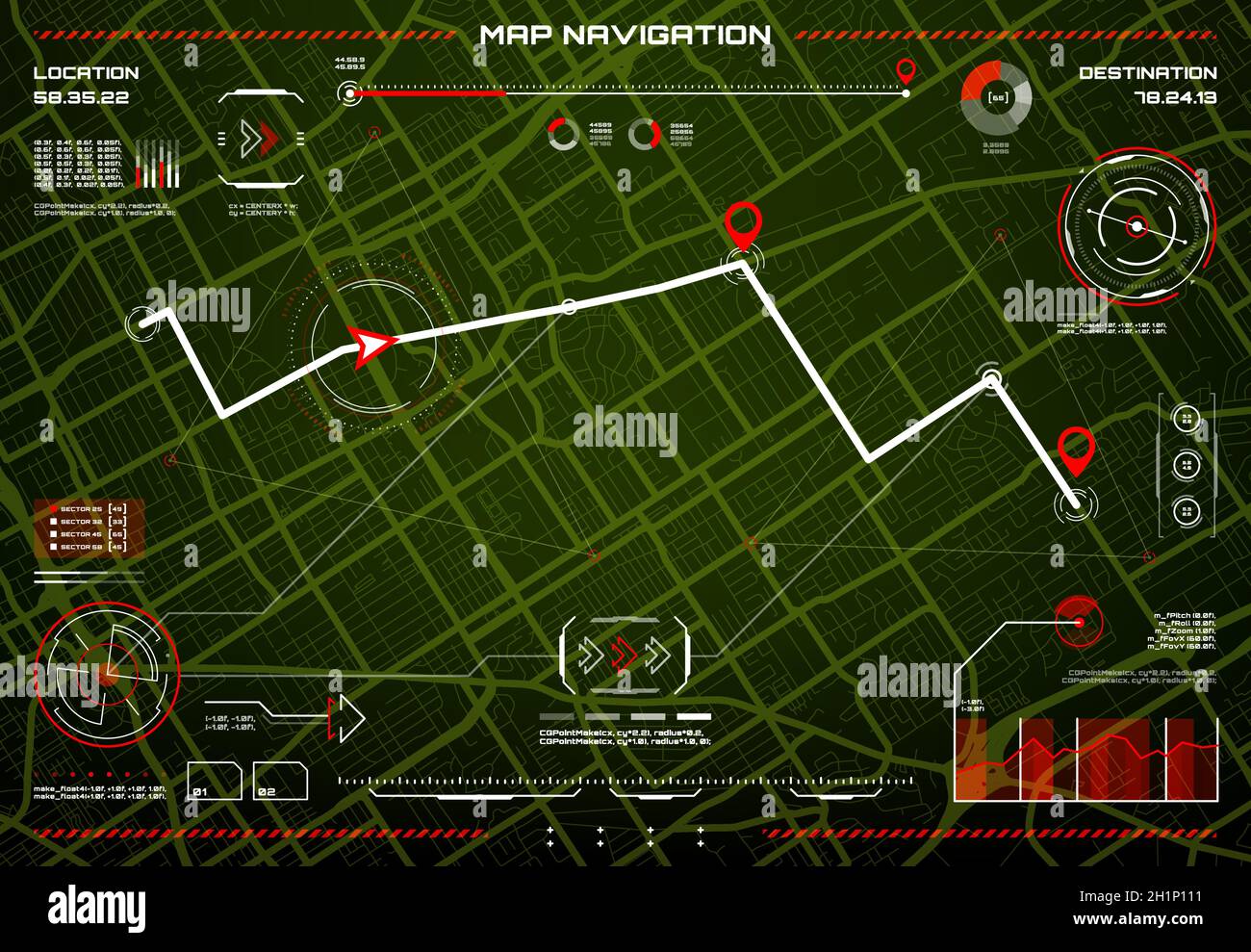 HUD navigation interface. Control of hazard, city map navigation screen ...