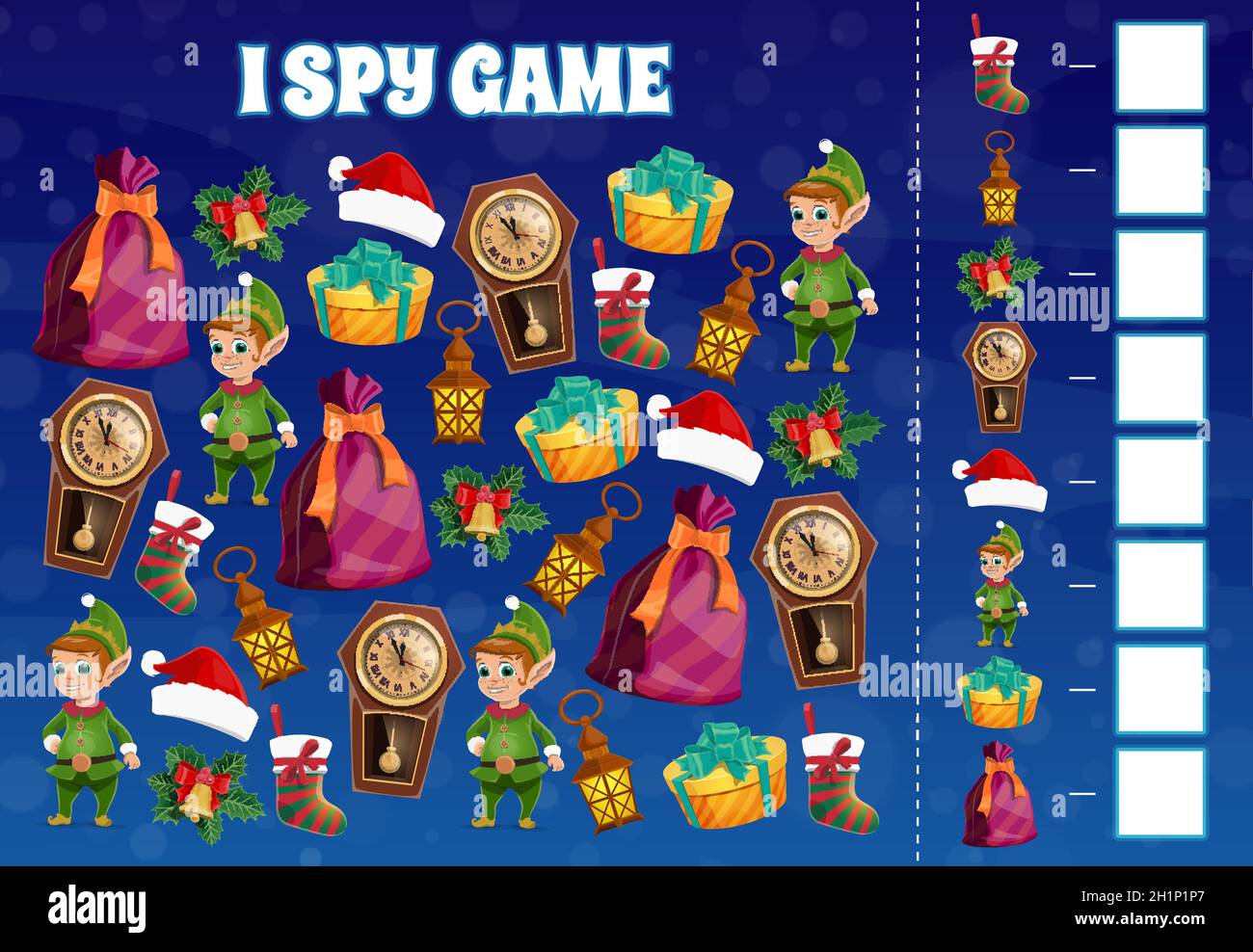 Child I spy game with Christmas elfs and holiday decorations. Kids ...