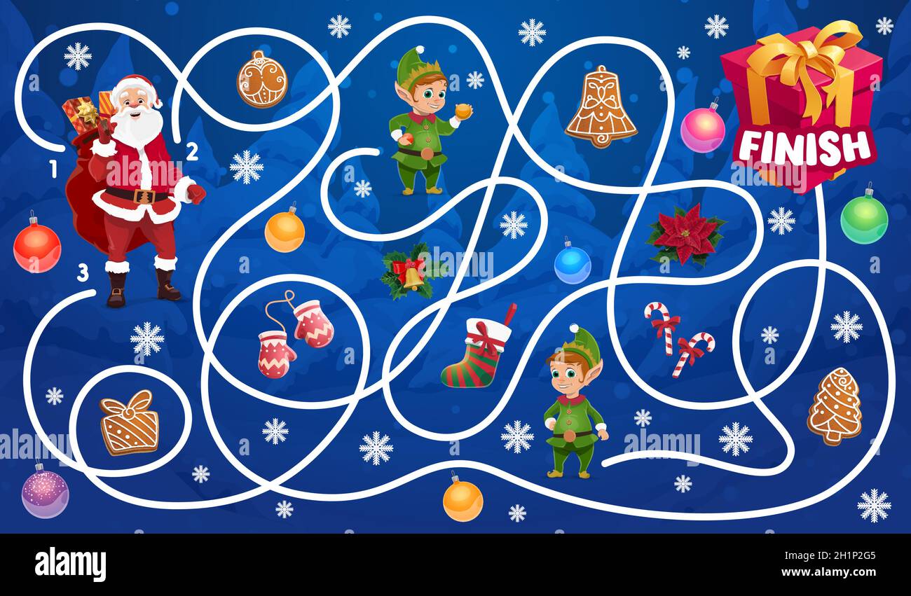 Christmas maze for kids with Santa and elfs characters. Children ...
