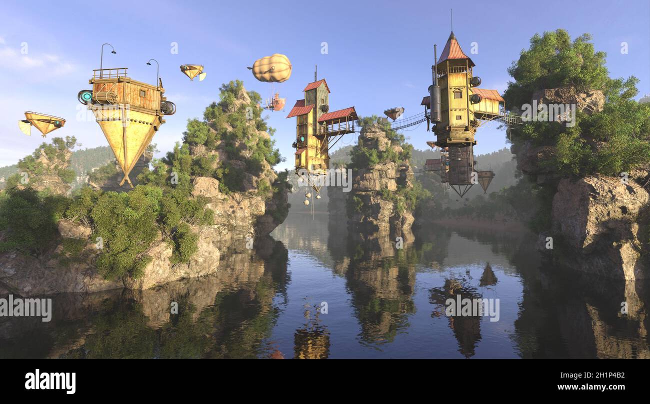 3D illustration amazing fantasy flying village and overgrown rocks ...