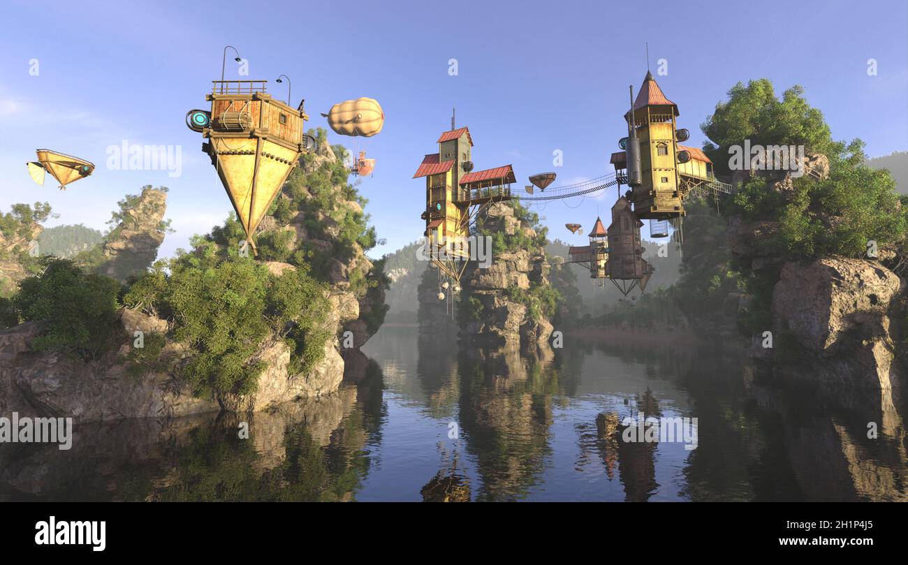3D illustration amazing fantasy flying village and overgrown rocks ...