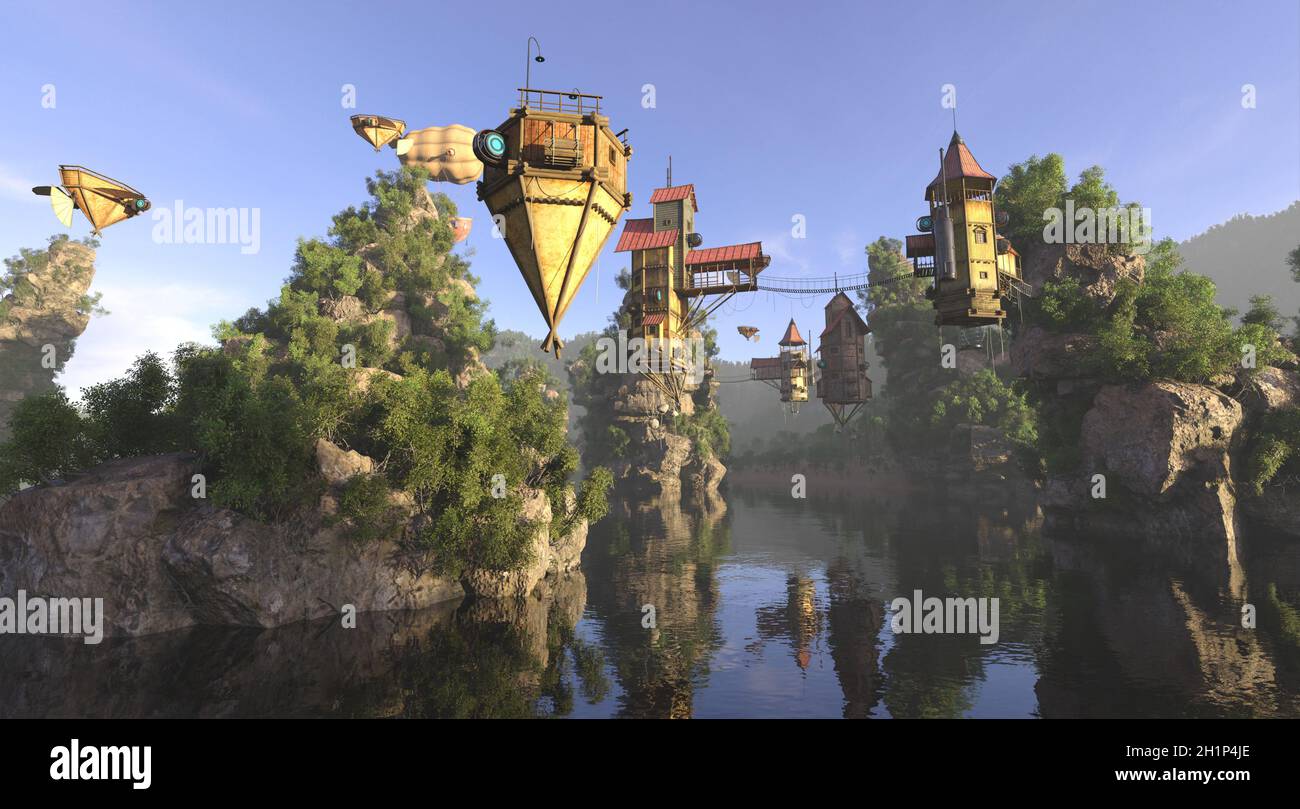 3D illustration amazing fantasy flying village and overgrown rocks ...