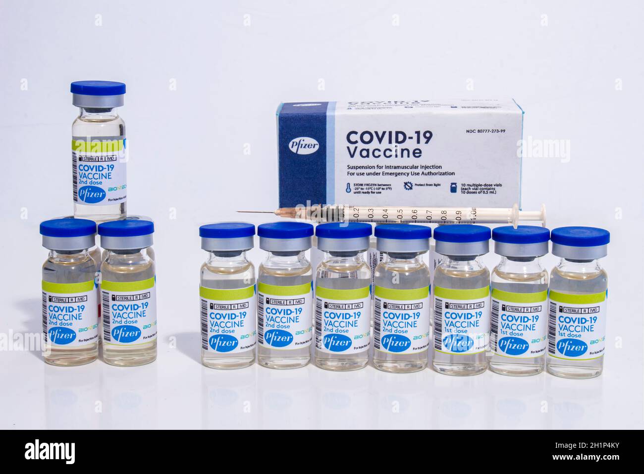 Calgary, Alberta, Canada. Jan 16, 2021. Several Pfizer vials vaccine ...