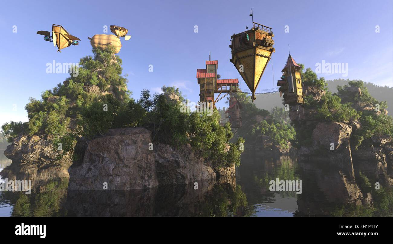 3D illustration amazing fantasy flying village and overgrown rocks ...