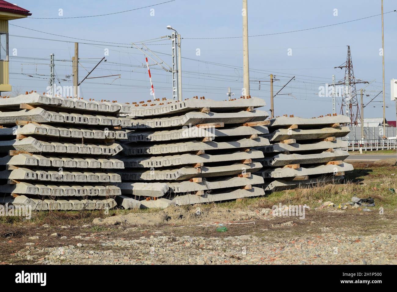 New rails and sleepers. The rails and sleepers are stacked on each ...