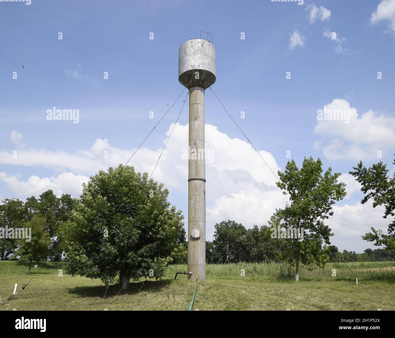 Silver Water Tower among green grass and trees Stock Photo - Alamy