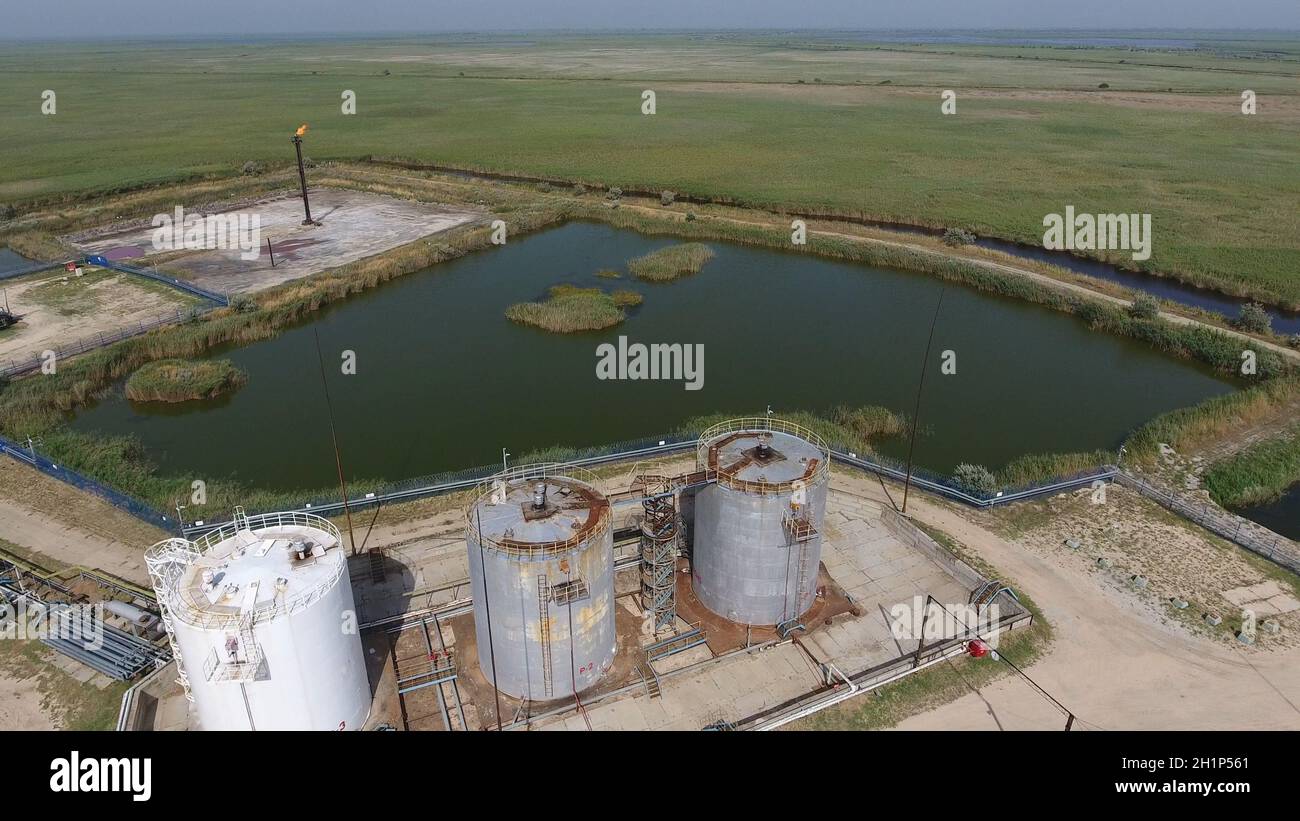 Top view of the equipment for oil separation. Equipment for the drying gas and condensate ...