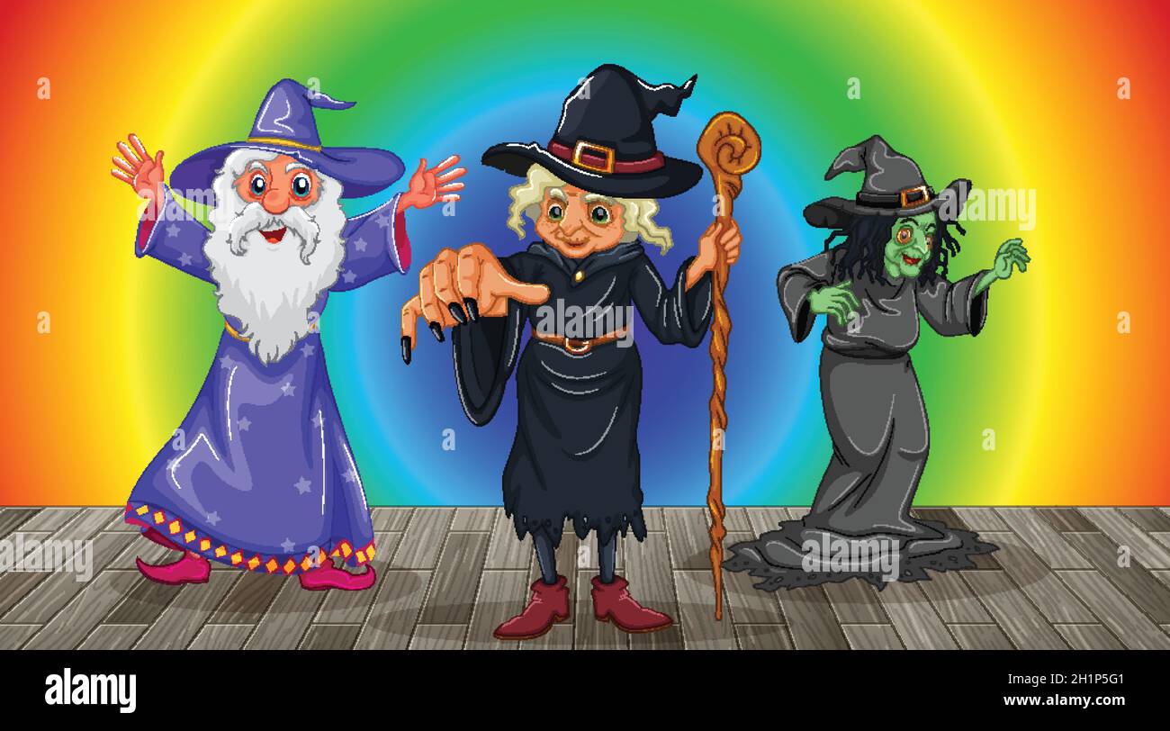 Witch cartoon character on rainbow gradient background illustration ...