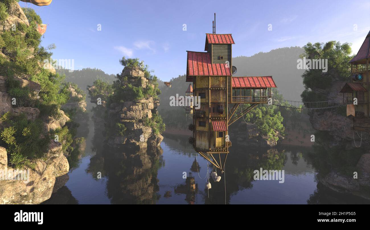 3D illustration amazing fantasy flying village and overgrown rocks ...