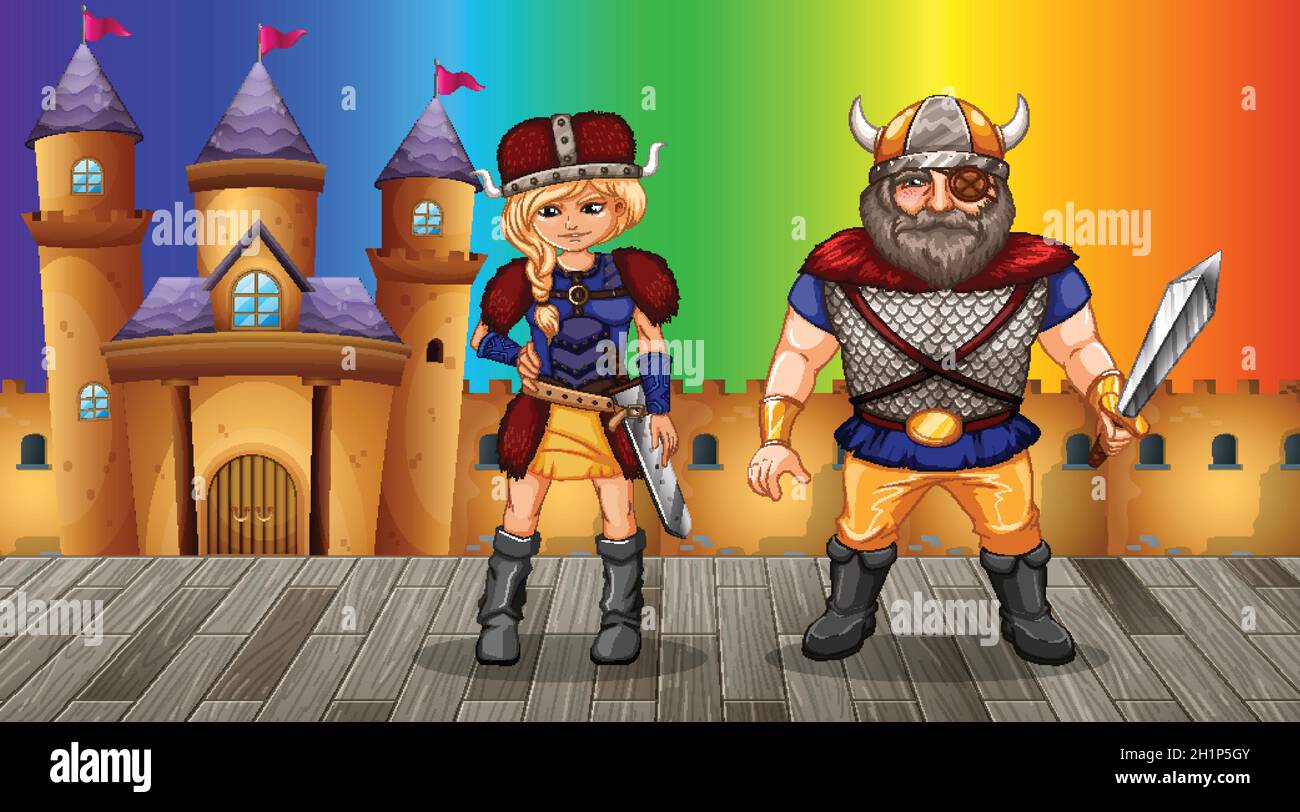 Vikings cartoon character on rainbow gradient background illustration ...