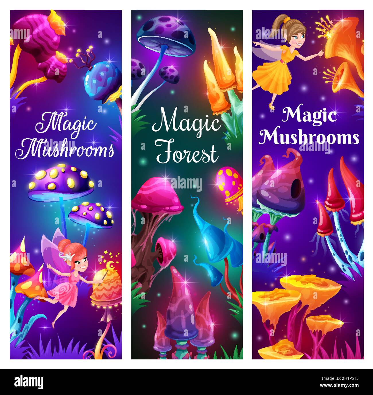Cartoon fairies and magic mushrooms in fantasy forest. Vector strange ...