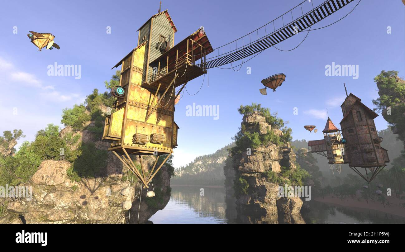 3D illustration amazing fantasy flying village and overgrown rocks ...
