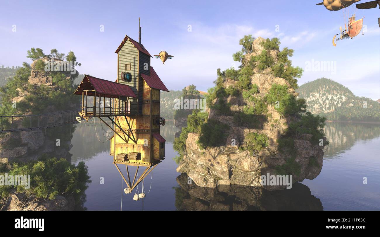 3D illustration amazing fantasy flying village and overgrown rocks ...