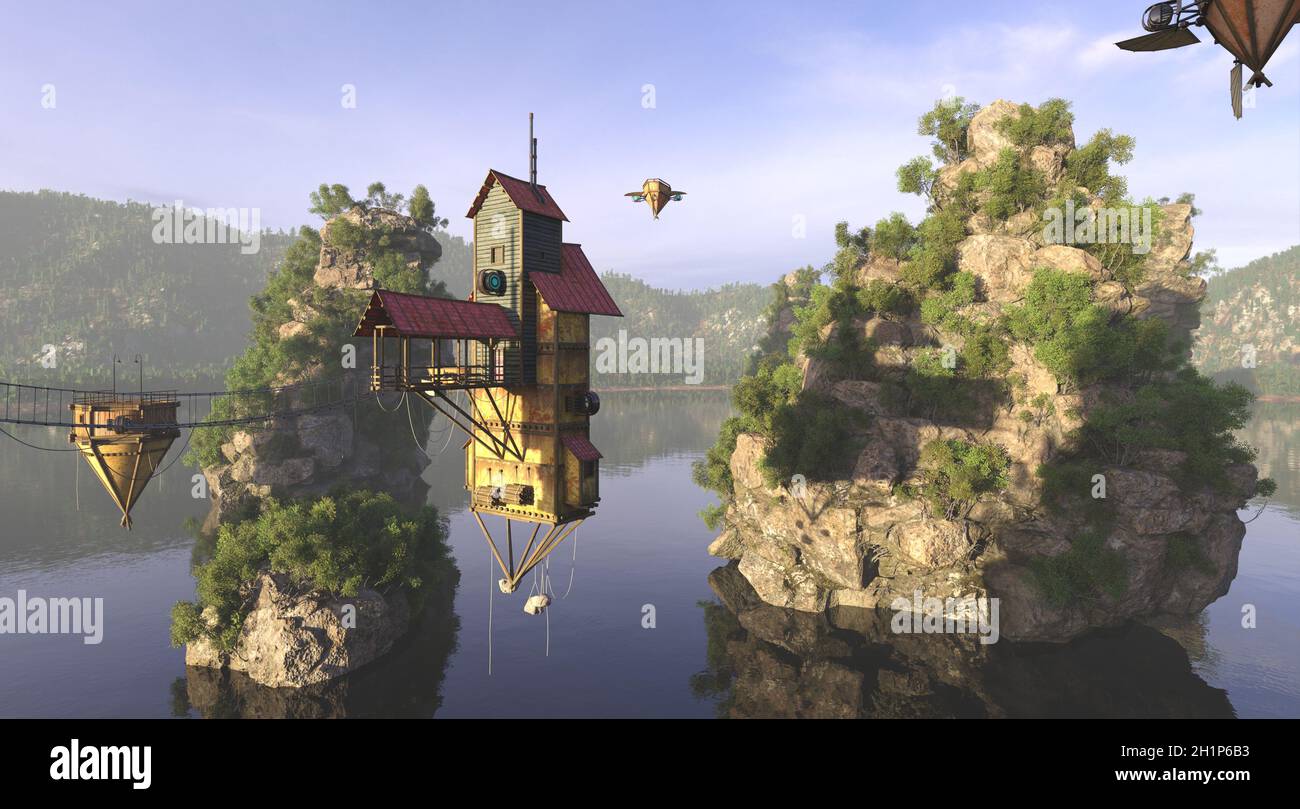 3D illustration amazing fantasy flying village and overgrown rocks ...